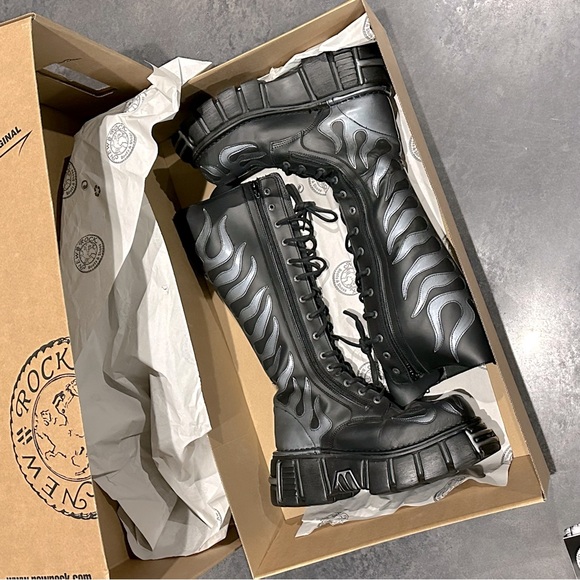 New Rock | Shoes | Nwt New Rock Steel Tower Black Leather Flame Boots ...